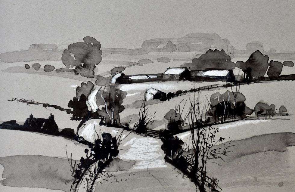 Tonal landscape drawing, Indian ink with white Conte chalk highlights ...